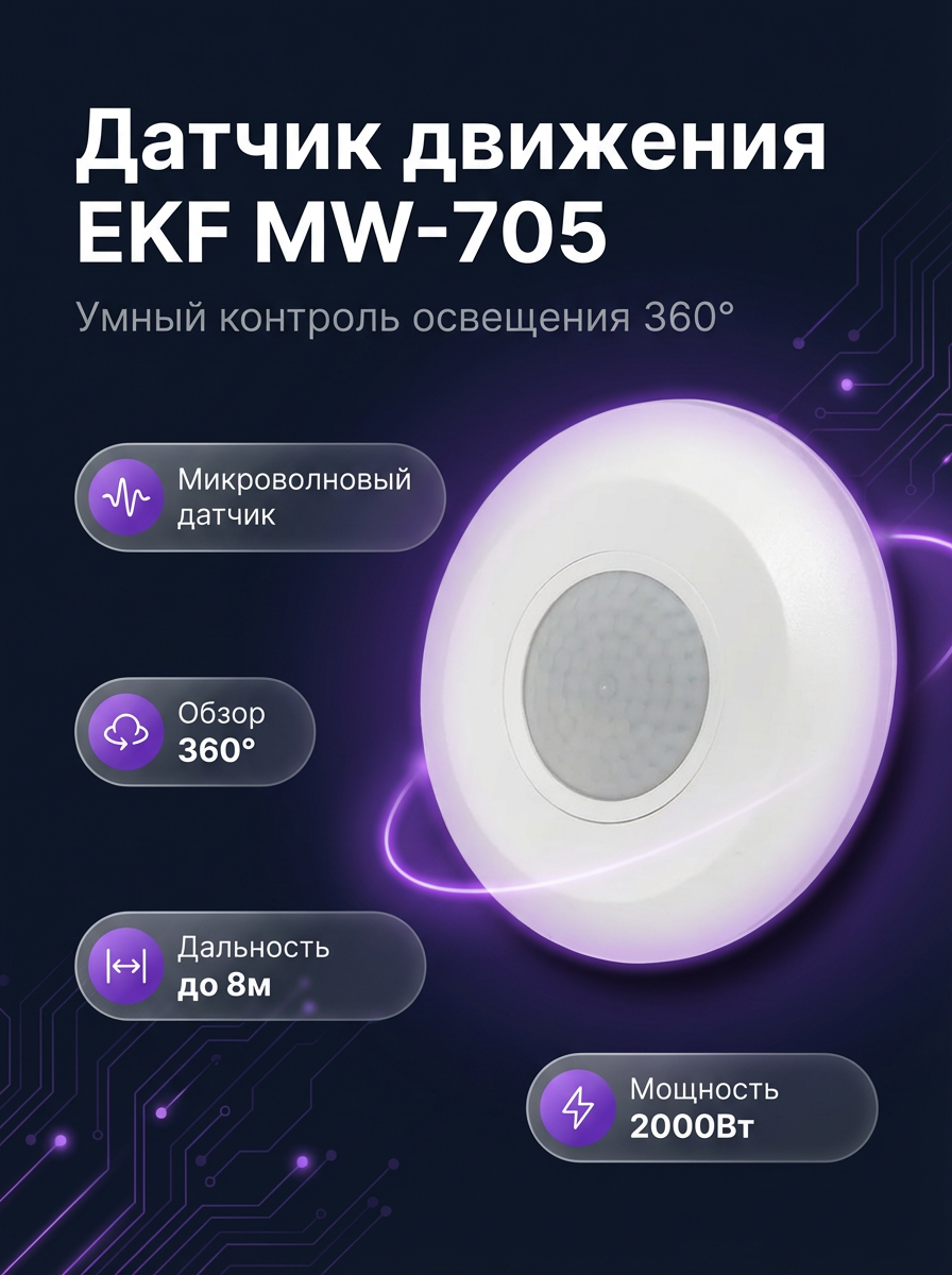 Датчик движения микроволновый EKF MW-705 2000Вт 360гр. до 8м IP20 бел. PROxima dd-mw-705