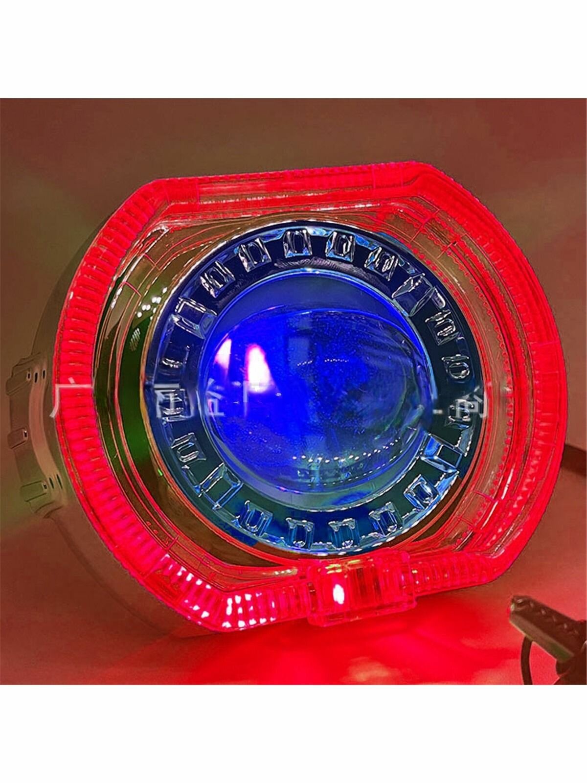 Фара LED для мотоцикла 3", красный ободок + синий глаз демона, линза
