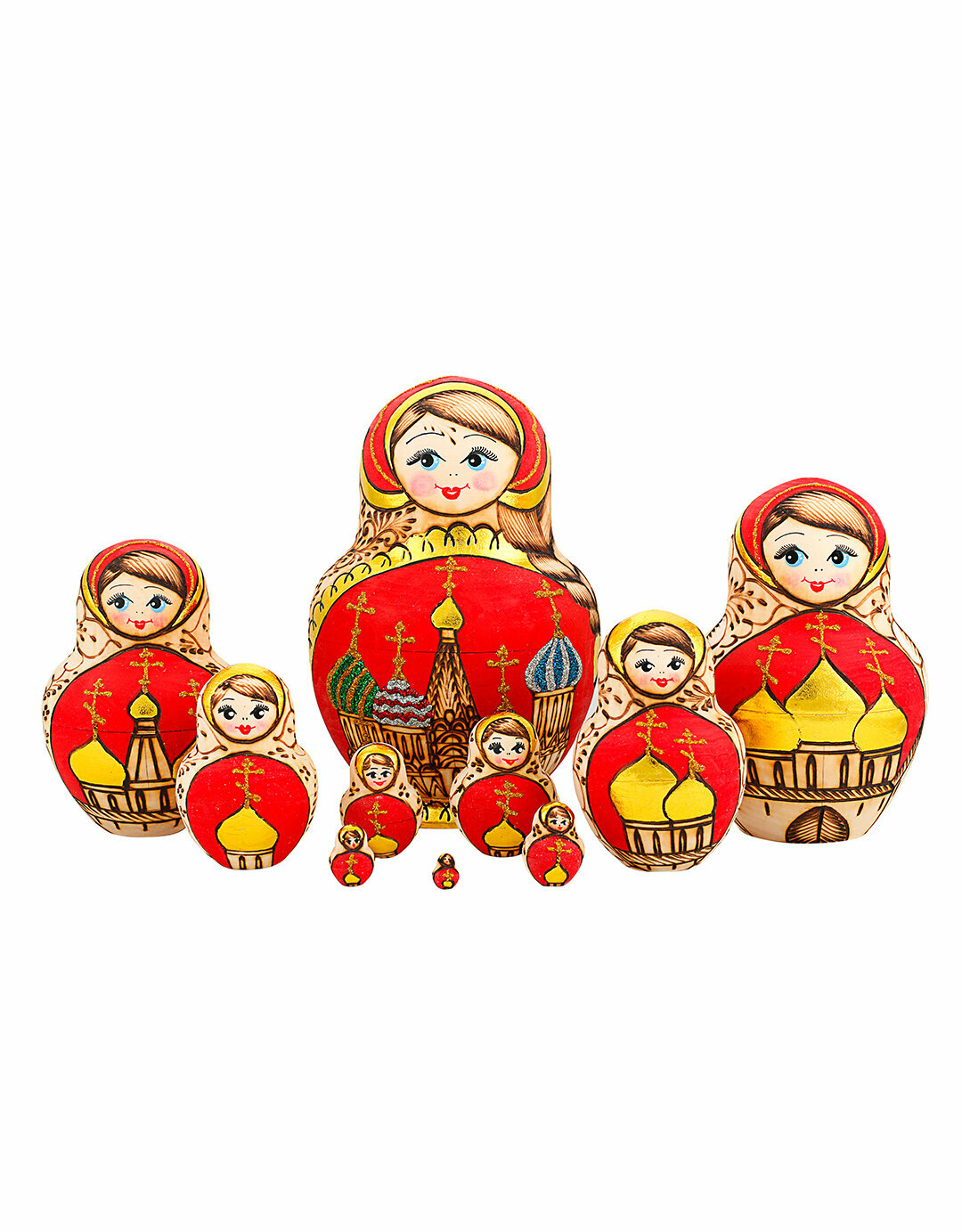 Матрешка " Храмы Москвы ", фигурная, красная, 10 мест, 16 см.
