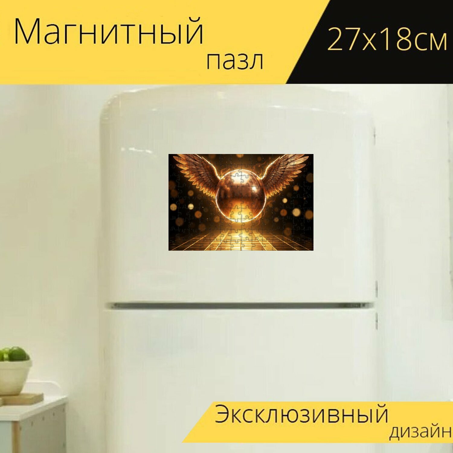 Магнитный пазл "Золотые крылья и сияющая сфера. Фантазийная композиция с парящим металлическим шаром и роскошными перьями, яркое золотое свечение, темный." на холодильник 27 x 18 см.