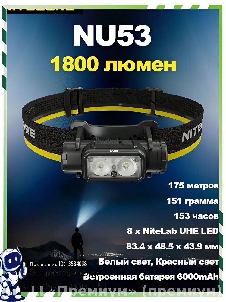 Фонарь налобный Nitecore NU53, 1800 люмен, Белый и Красный свет, Дальность 175 метров, Встроенный аккумулятор