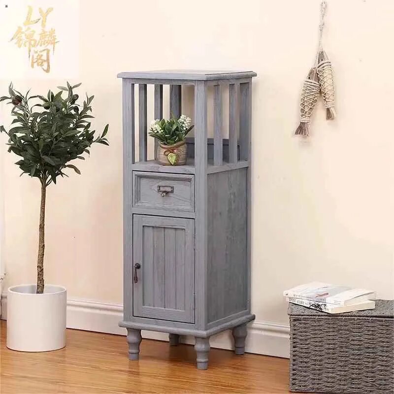 Тумба прикроватная, 1 ящик, 2 полки, 30х30х85 см, массив дерева, серый