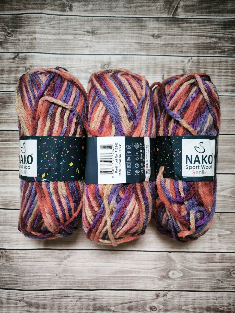 Пряжа Nako Sport wool Senlik, набор 3 мотка, цвет 87741, вес мотка 100 гр, длина нити 120, состав 25% шерсть, 75% акрил