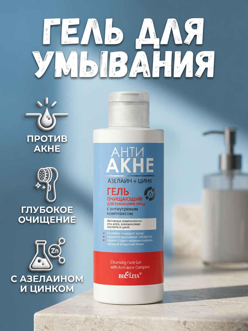 Гель очищающий для умывания лица с антиугревым комплексом, Анти акне. Азелаин+Цинк, 150 мл