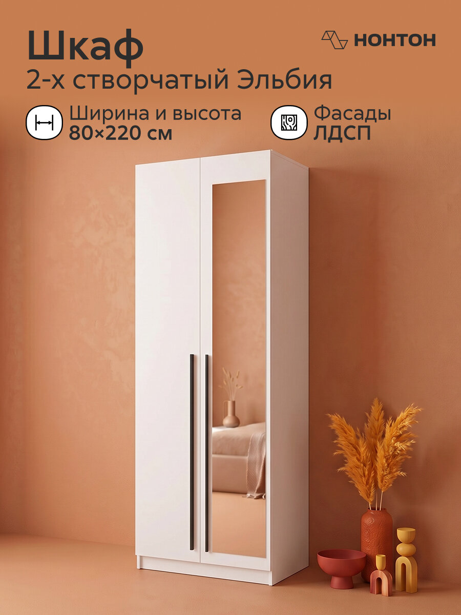 Шкаф распашной 2х-створчатый Эльбия, Ш:80 * Г:52 * В:220 (ЛДСП белое дерево / 1 зеркало)