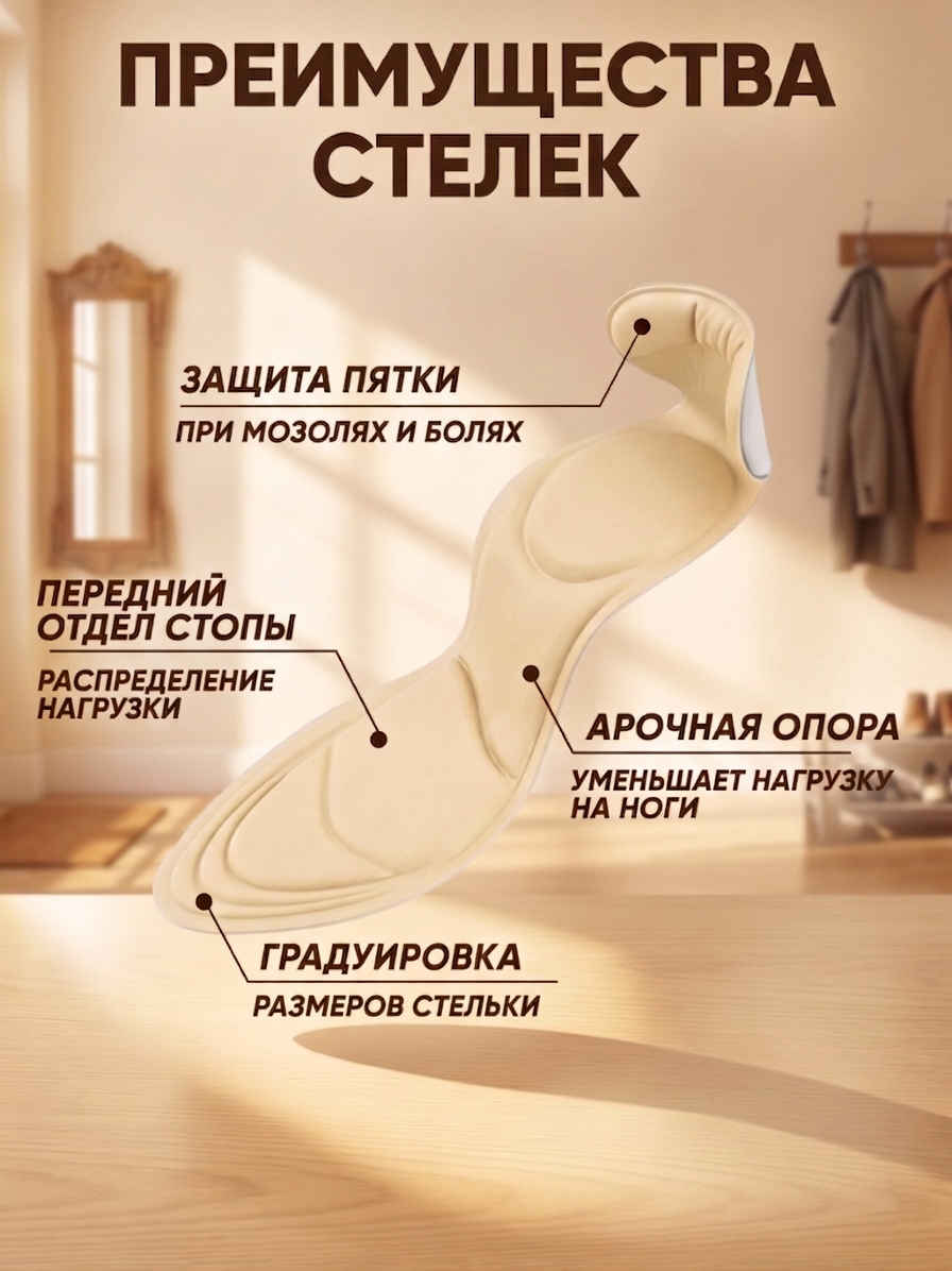 Стельки для обуви мягкие анатомические, бежевые, 35-39 размер, пара — фото 1