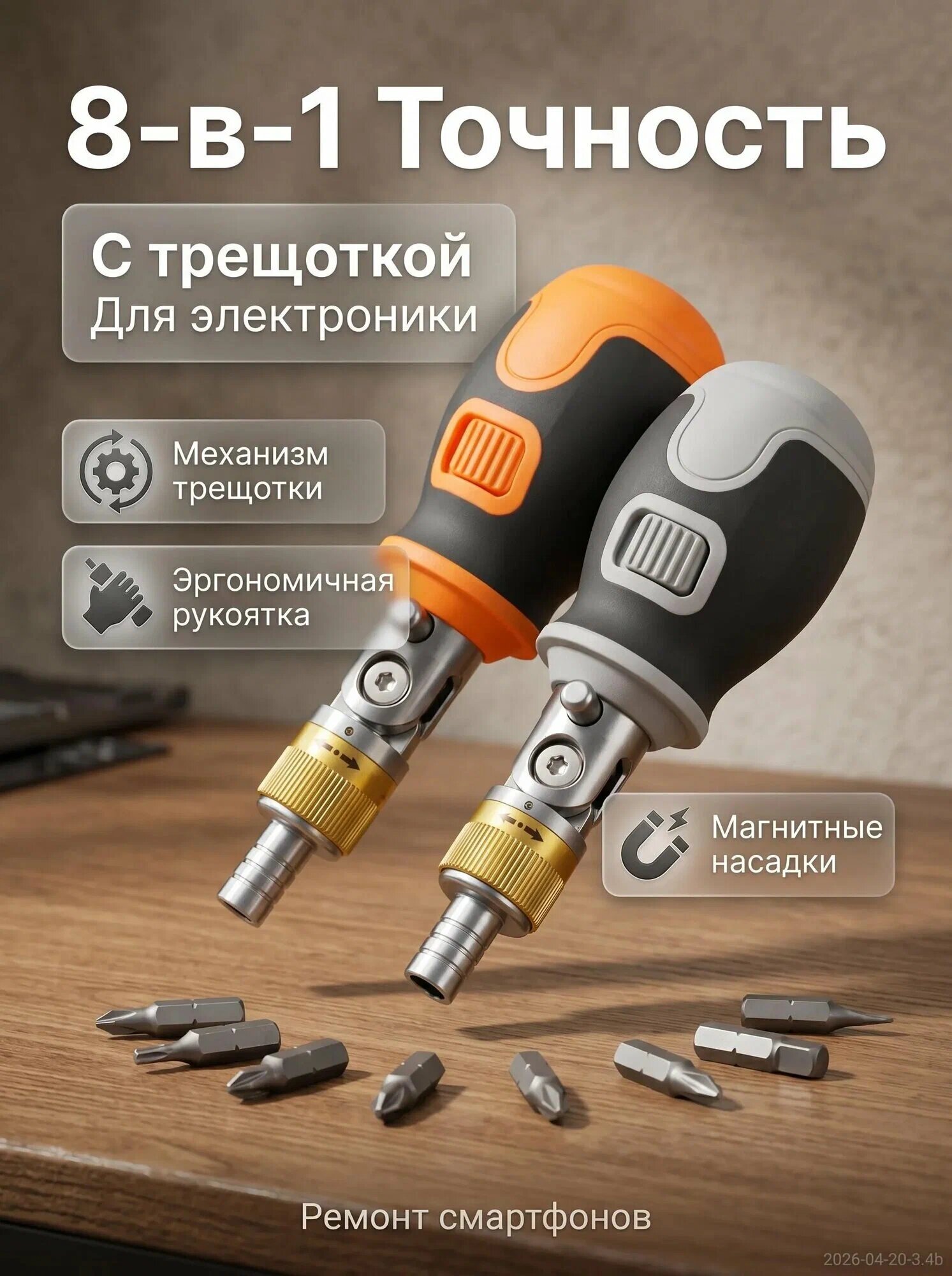 Мини трещотка отвертка 8 в 1 Серый