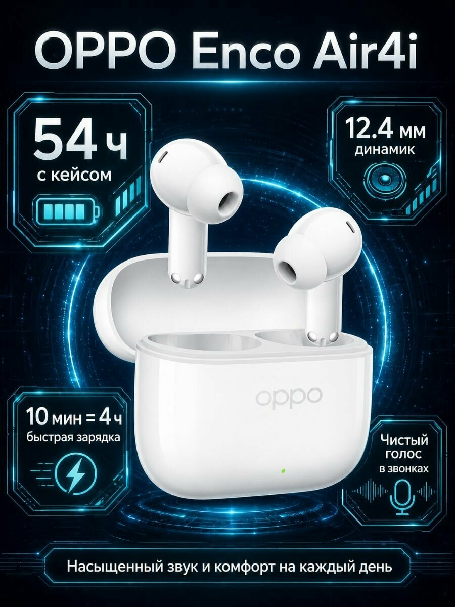 Беспроводные наушники OPPO Enco Air4i TWS Bluetooth 5.4, с микрофоном, IP55, до 54 ч, белые