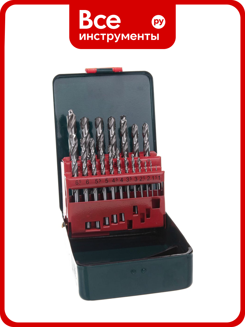 Набор сверл Metabo 627153000 в металлической коробке 19 шт, диаметр 1‑10 мм, HSS‑G, цилиндрический хвостовик