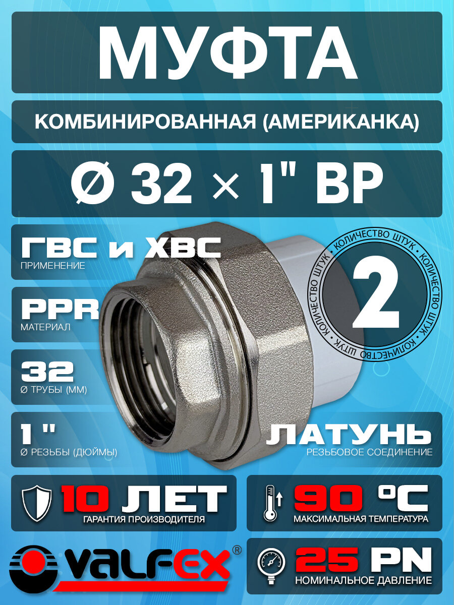 Муфта комбинированная разъемная (американка) с внутренней резьбой 32x1" (2 шт)