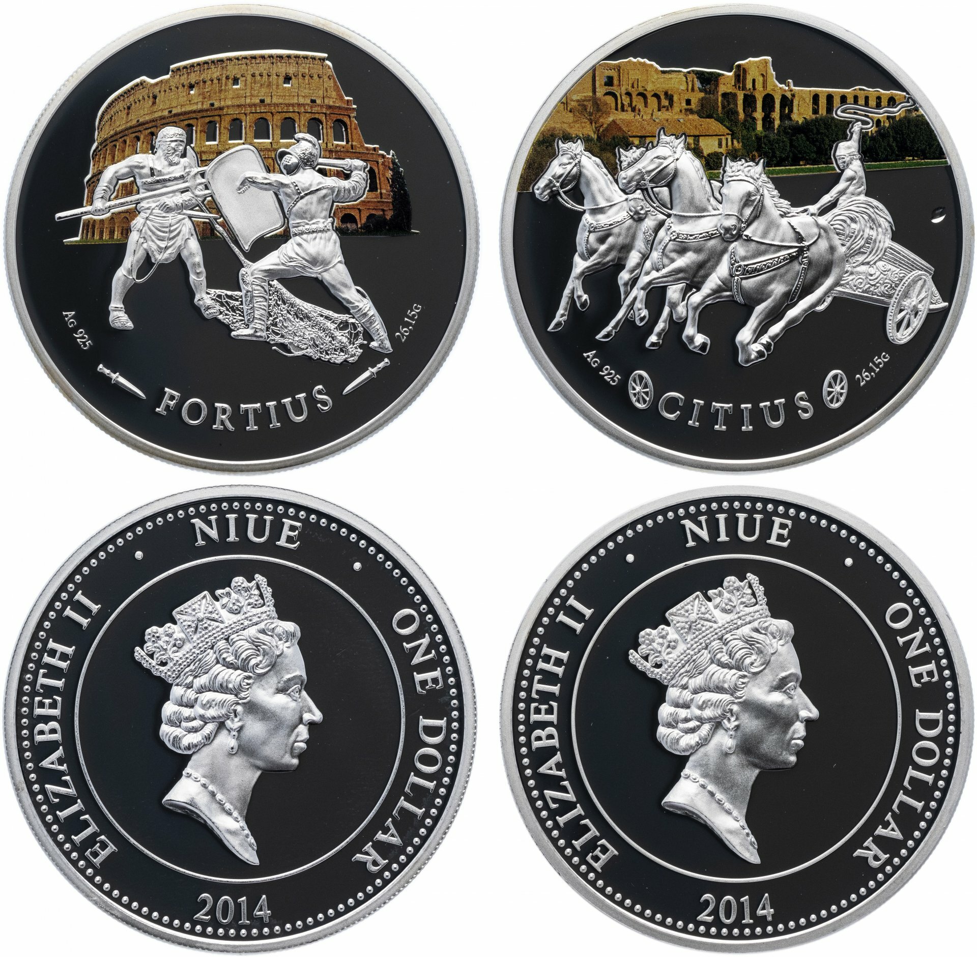 Остров Ниуэ, набор из 2 монет 1 доллар 2014 Proof "Колизей - бой гладиаторов и колесница" в футляре с сертификатом, Серебро 925