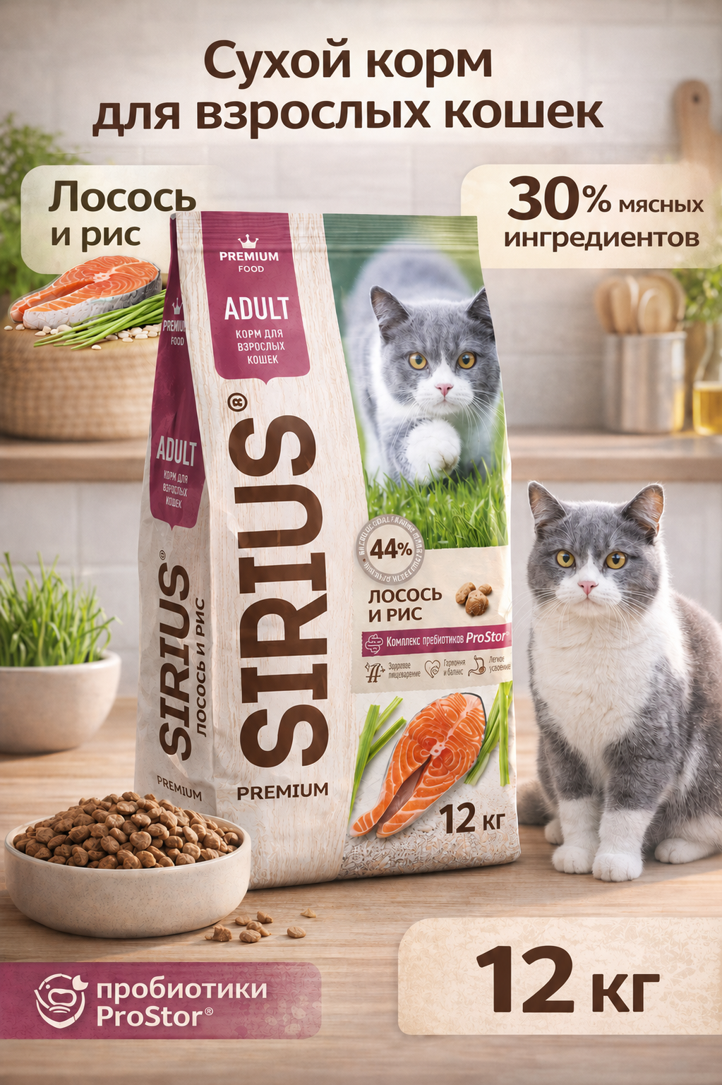 Сухой корм для кошек Sirius Лосось и рис 12 кг