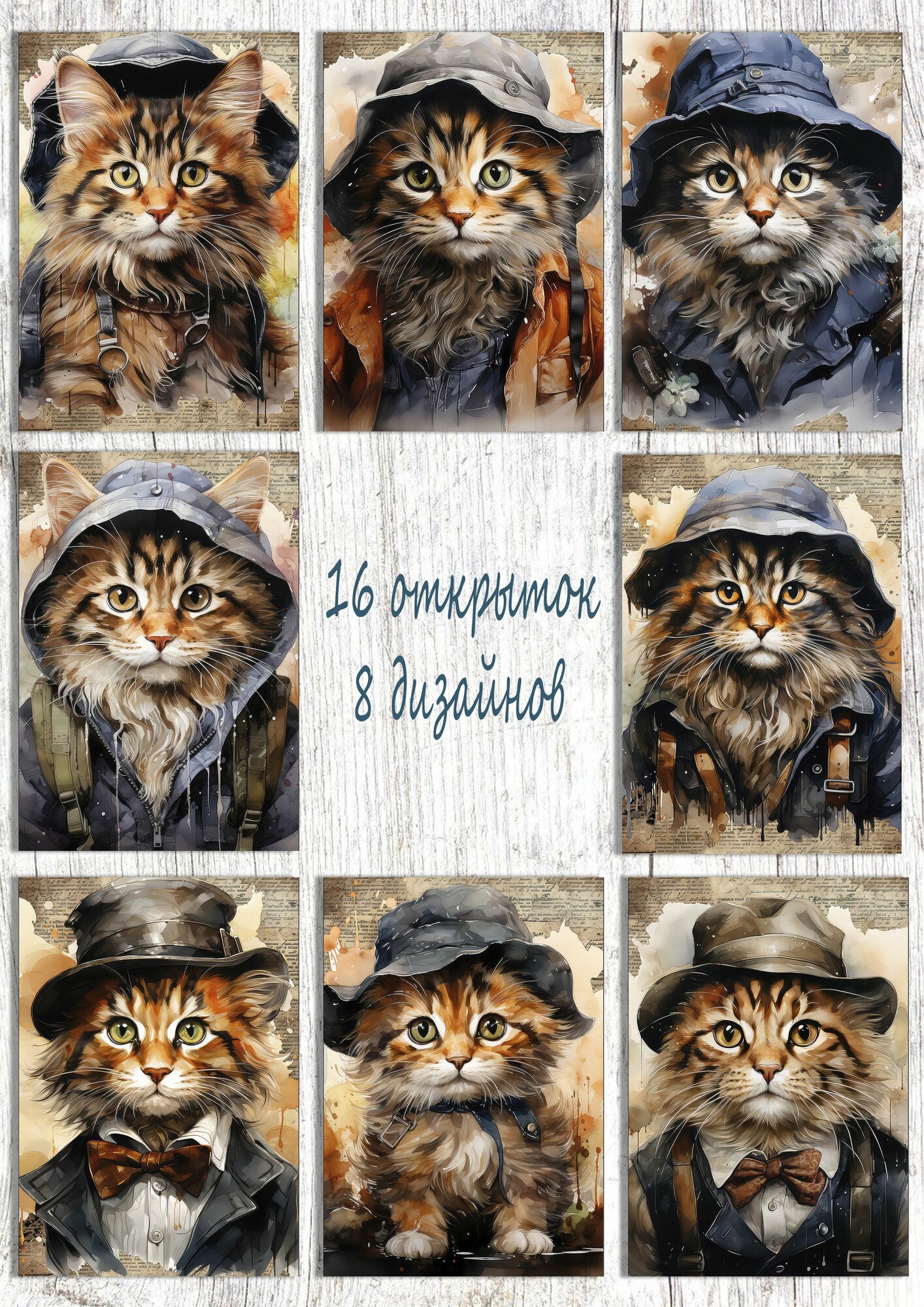 Открытки Винтажные котики, 16 штук