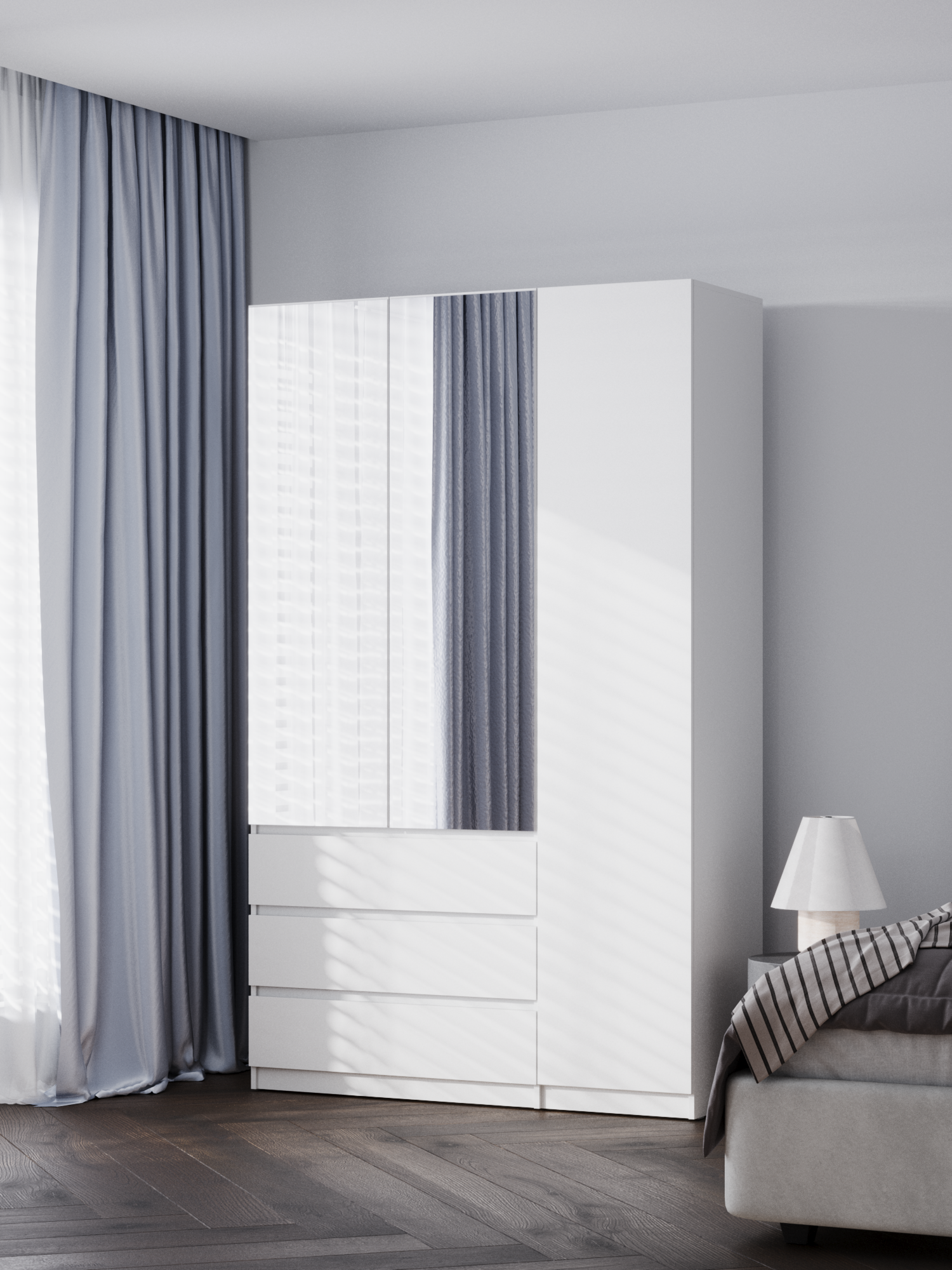 Шкаф для одежды Нонтон Грандис, 135x50x220 см, 3 ящика и 5 полок, с зеркалом, белый