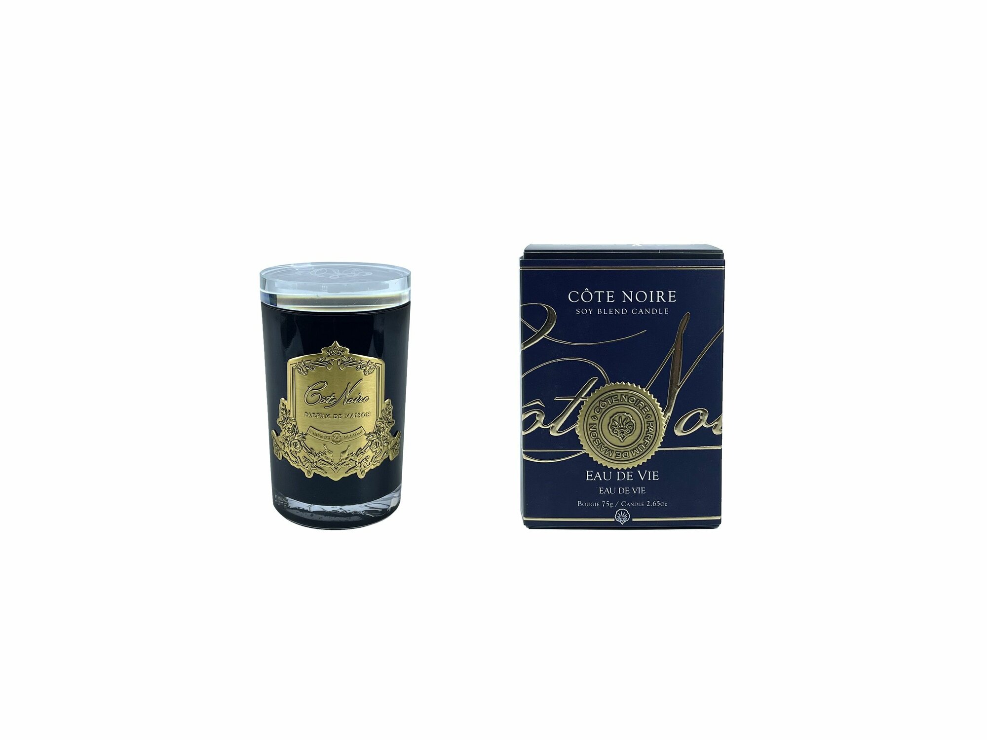 Свеча COTE NOIRE EAU DE VIE 75 гр, черный стаканчик, золотой декор, ВхШхД 11х7,5х7,5см соевый воск, время горения 25ч