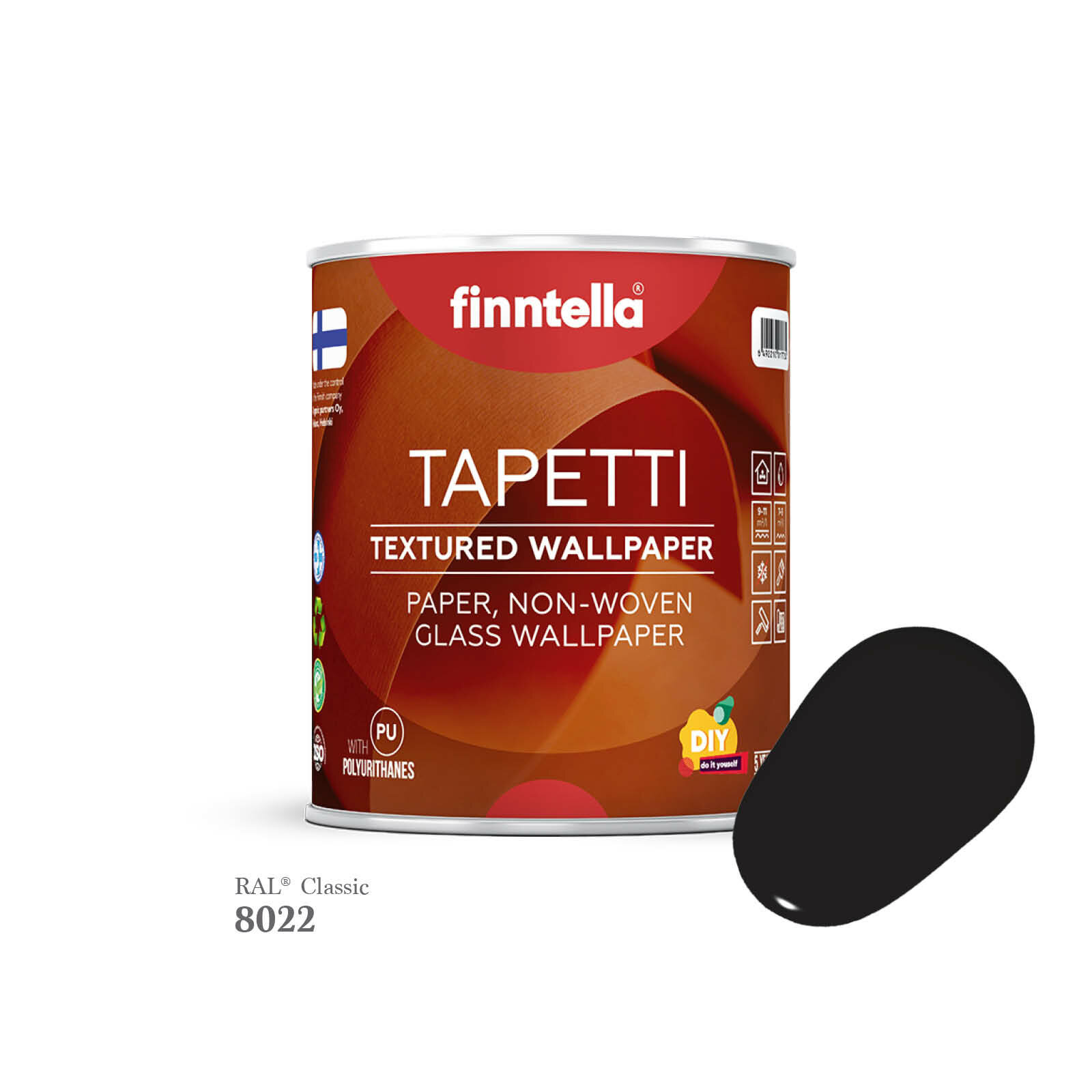 Шелковисто-матовая краска для обоев под окраску TAPETTI SILKKI Matta FINNTELLA, Цвет RAL 8022 Черно-коричневый (Black brown), 0,9л