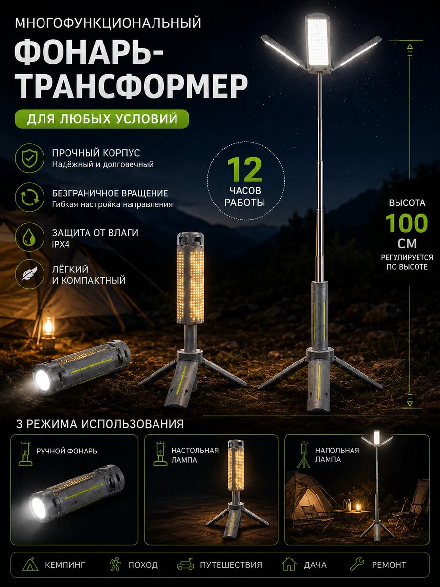 Фонарь для палатки туристический походный Power Bank 3в1