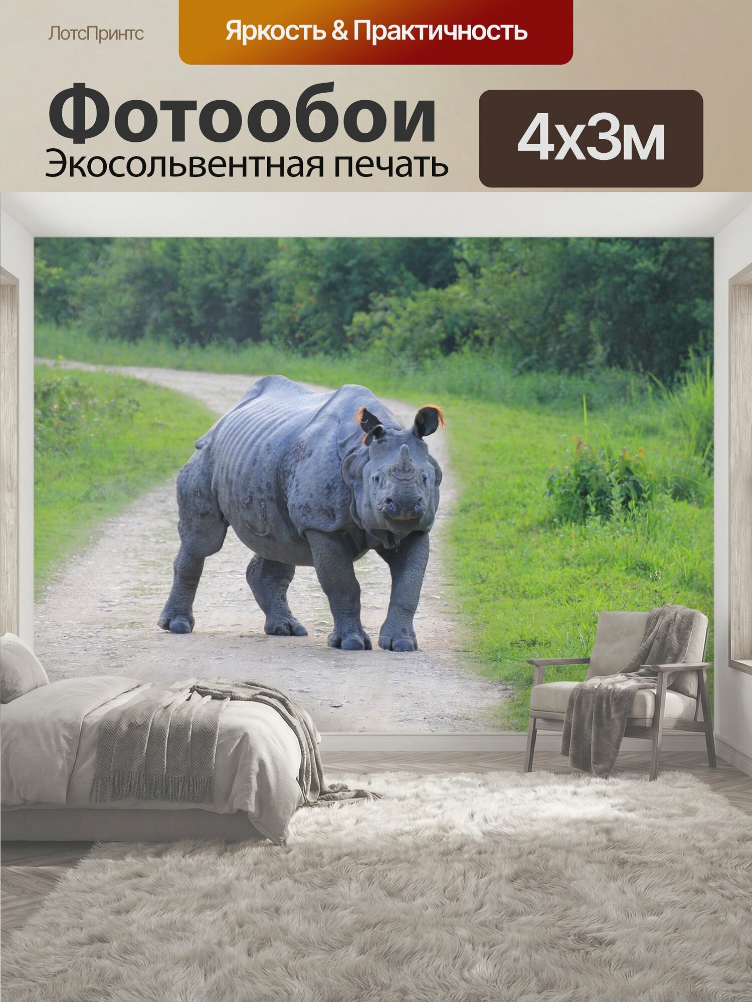 Фотообои "Носорог, kaaziranga, близкий взгляд" 400x300 см. экосольвентная печать