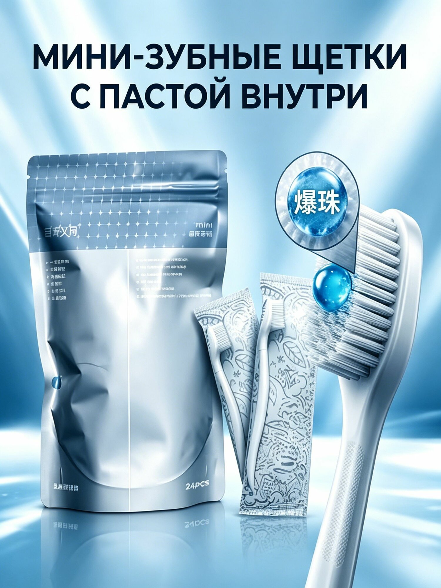 Одноразовые зубные щетки с ароматом мяты и встроенной зубной пастой, 24 шт, мягкая щетина