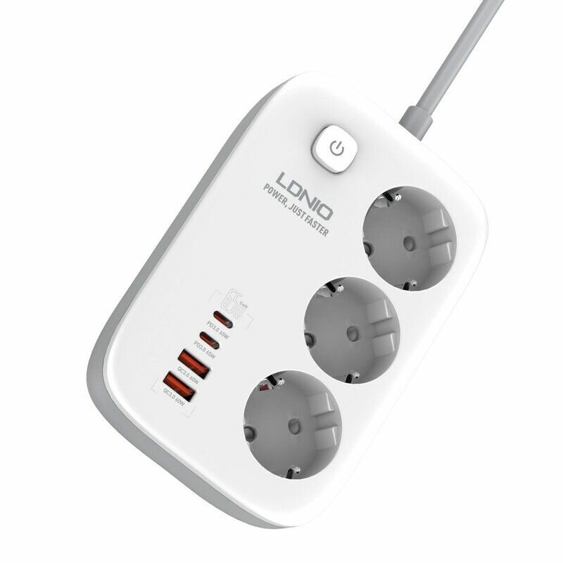 LDNIO Сетевой удлинитель LDNIO SE3436 3250 Вт с 3 розетками EU и 4 USB портами, USB-C PD 65Вт, быстрая зарядка
