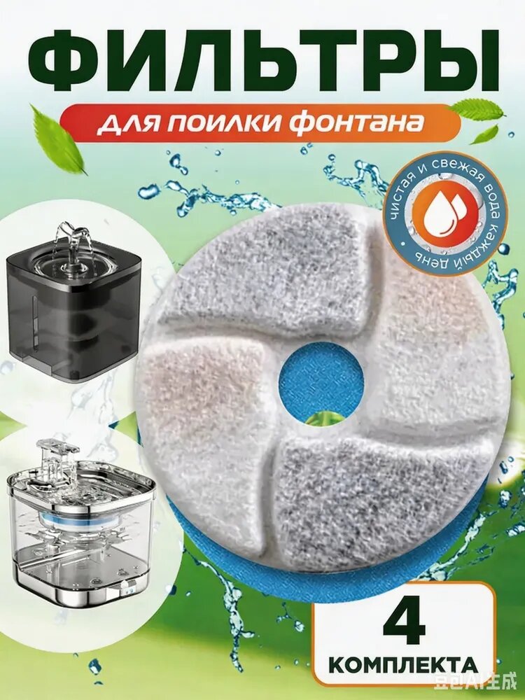 Сменные фильтры WF180 / WF333 / WF444 круглой формы для поилки-фонтана кошек: угольный картридж очистки воды с синей губкой (набор 4 шт, 10.5 см)