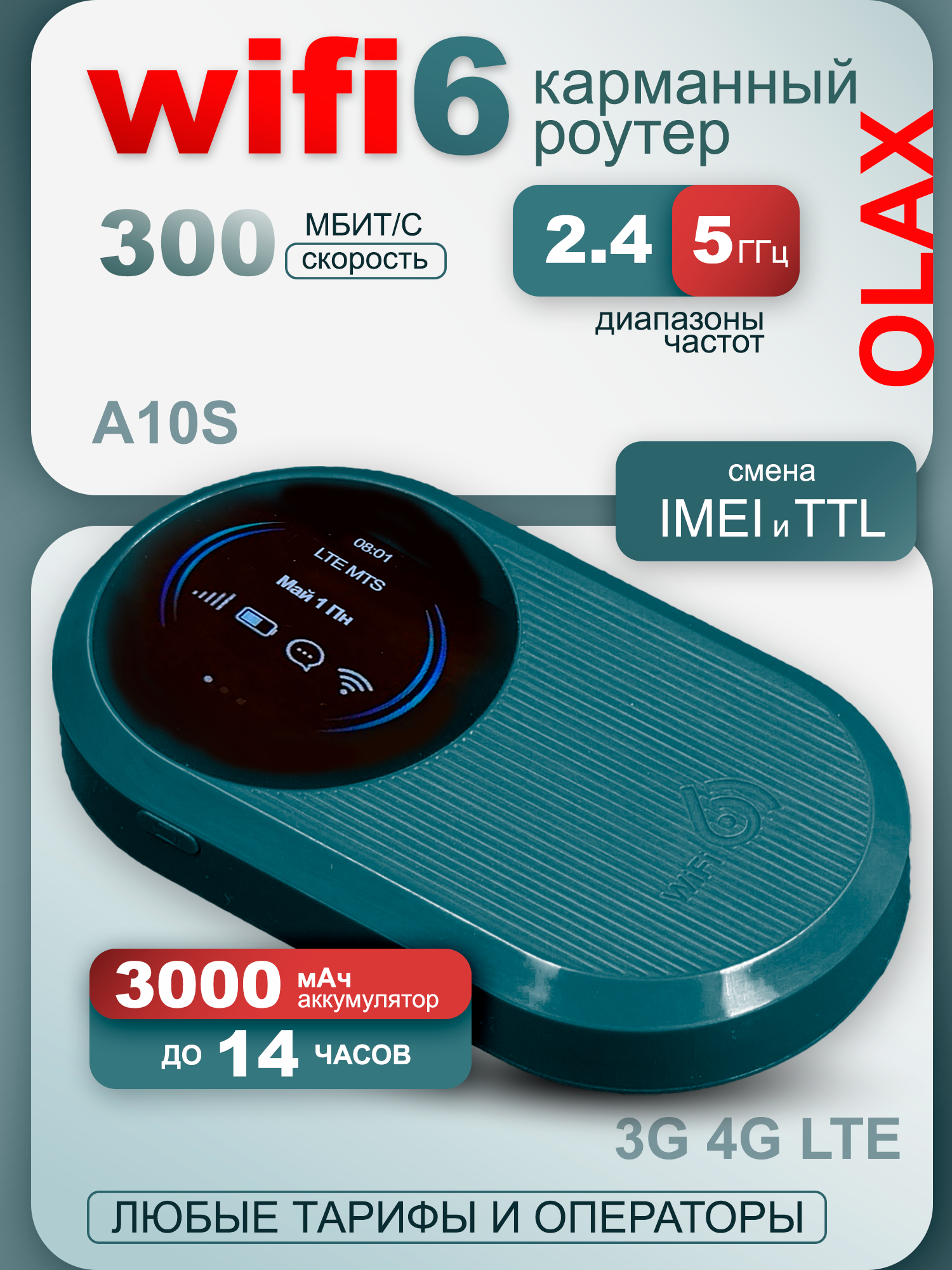 Карманный 3G 4G WiFi роутер OLAX A10S слот для сим-карты 5 ГГц fix IMEI TTL BAND