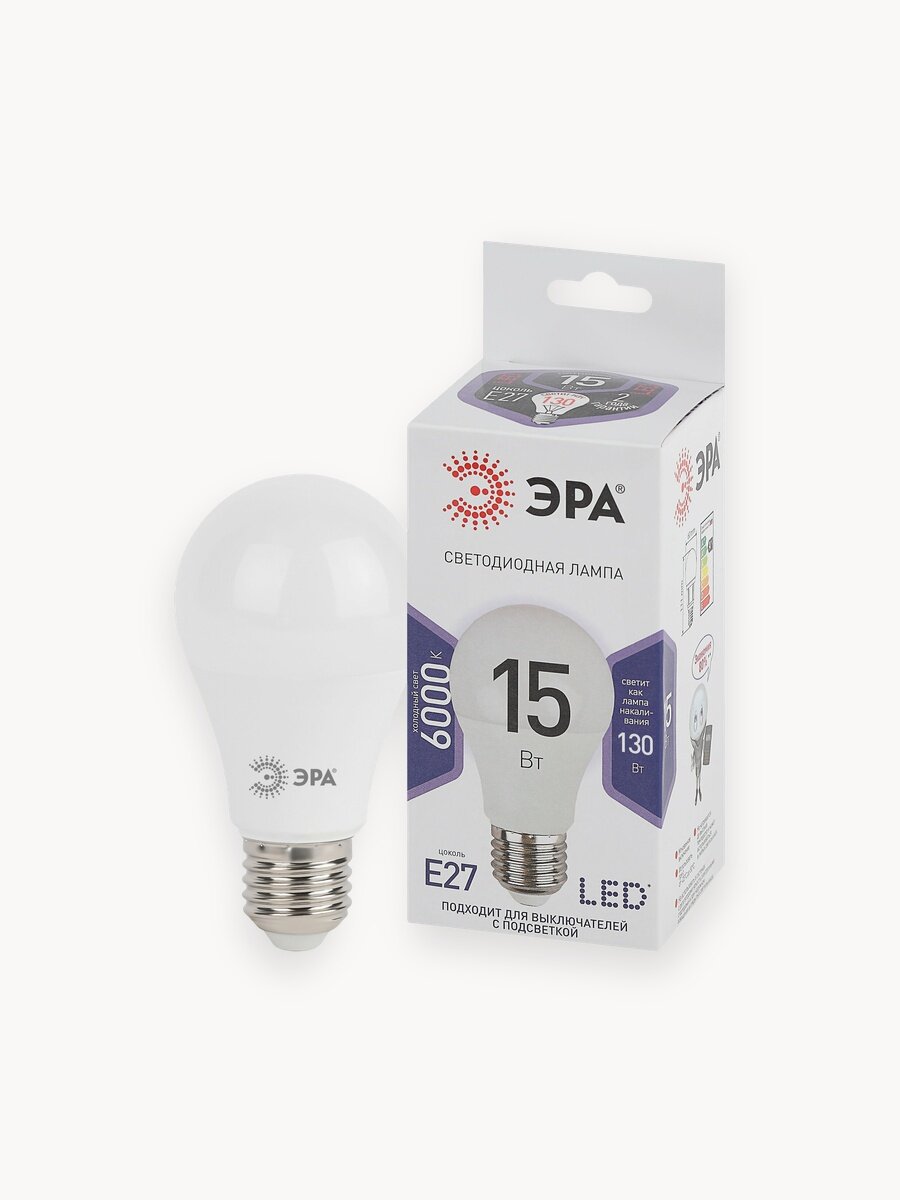 Лампочка светодиодная ЭРА STD LED Е27 15Вт груша 6000К холодный дневной свет, 1 шт