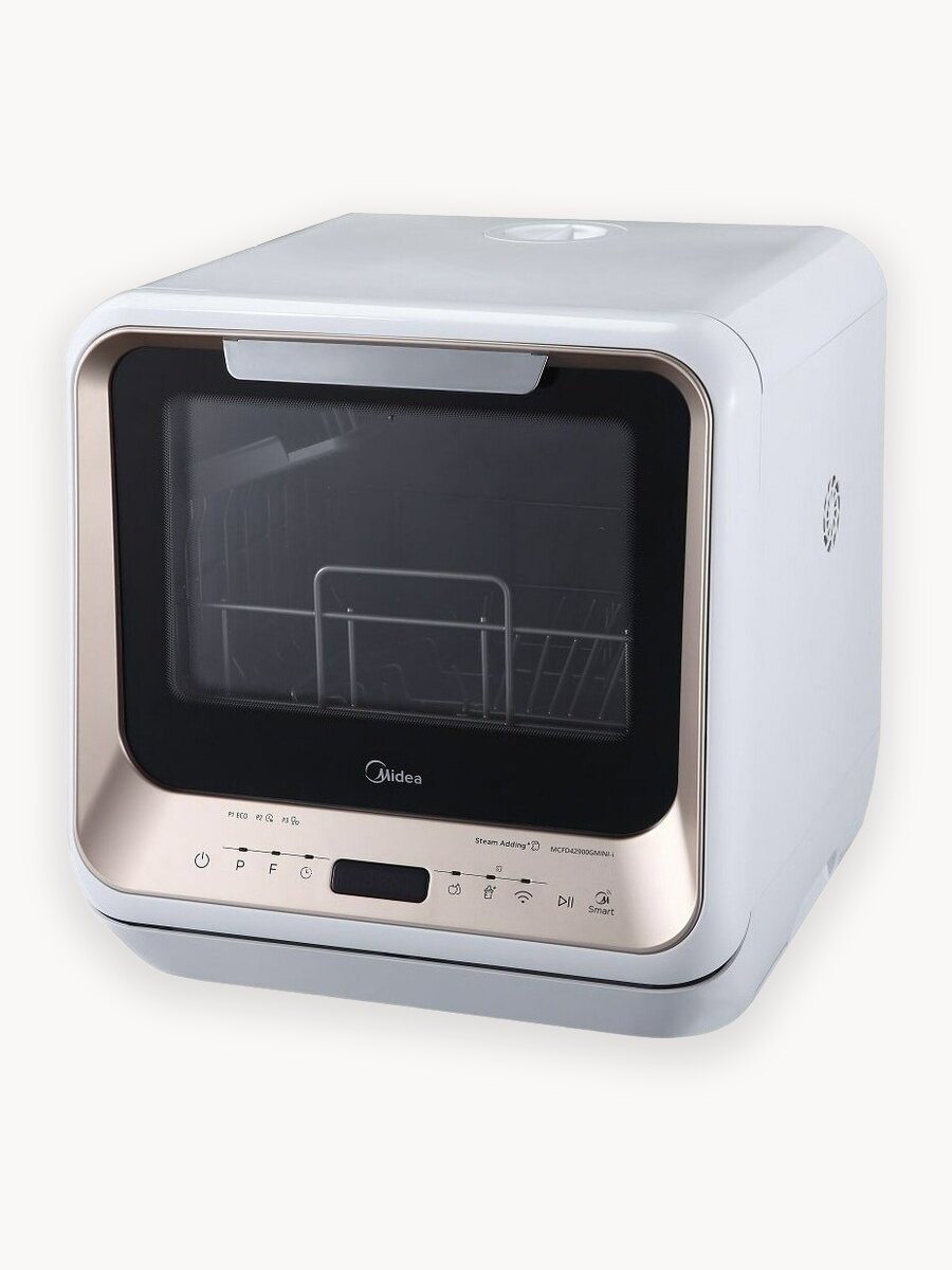 Компактная посудомоечная машина Midea MCFD42900GMINI-i, Wi-Fi управление, 6 программ, отложенный старт, LED дисплей, с/без подключения к водопроводу, золотой/белый