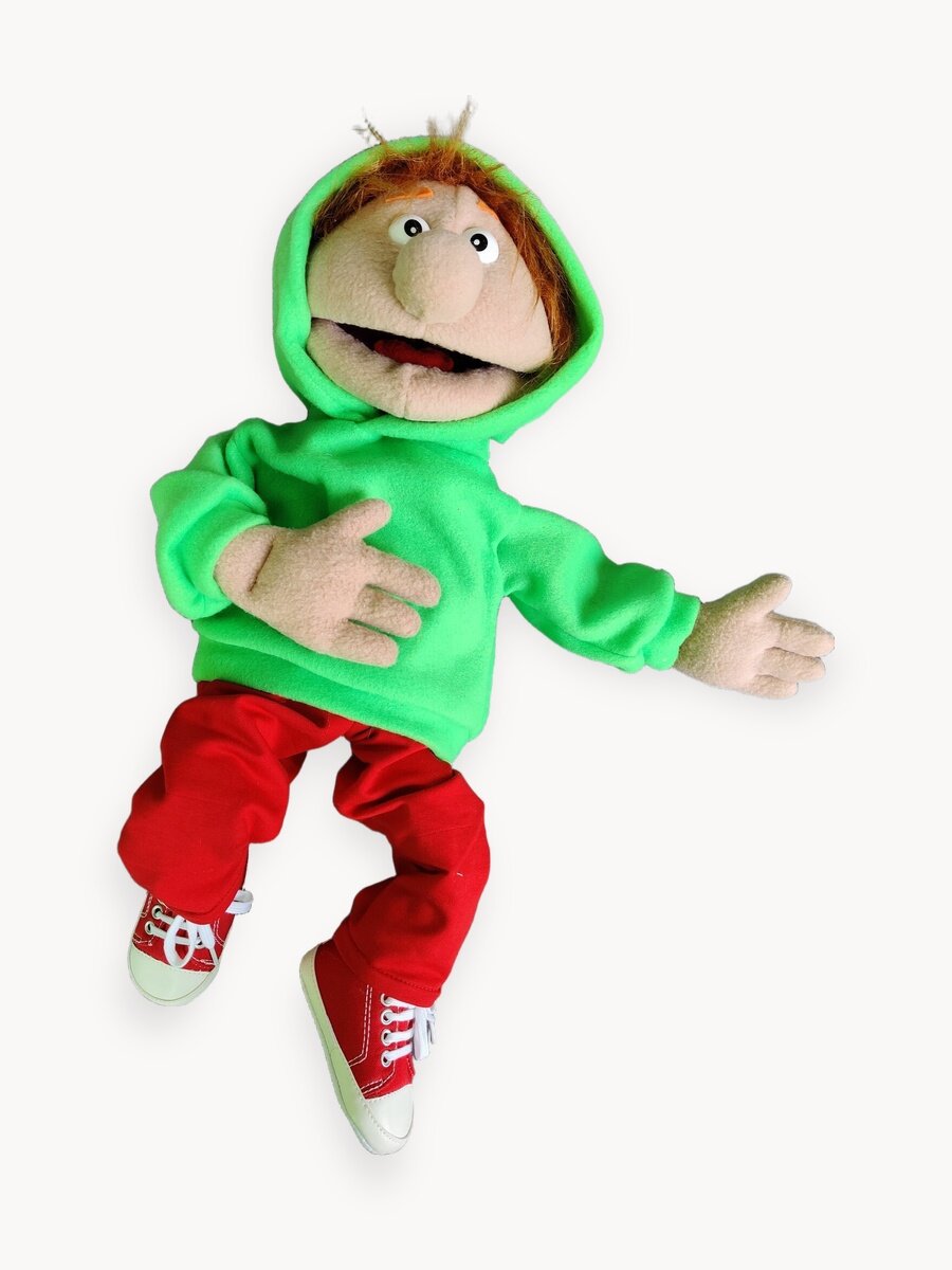 Театральная кукла маппет мальчик Антошка; перчаточная кукла с открывающимся ртом с ножками