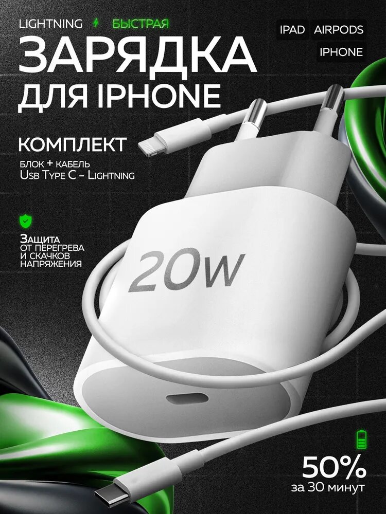 Комплект зарядки для iPhone / iPad (Адаптер 20 Вт + кабельType-C - Lightning) белый