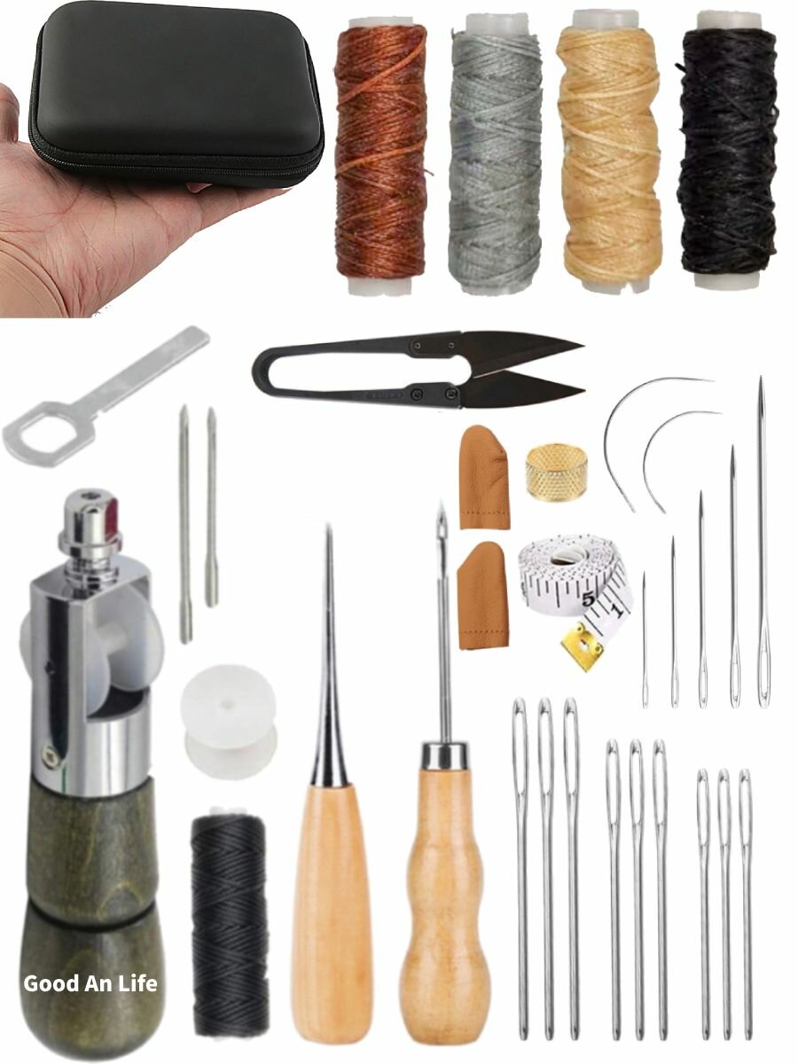 Набор для шитья и ремонта кожи, 16 игл, вощёная нить 30 м, шило, ножницы, линейка, наперсток и чехлы для пальцев, компактный кожевенный набор для ремонта обуви, сумок, палаток и изделий своими руками