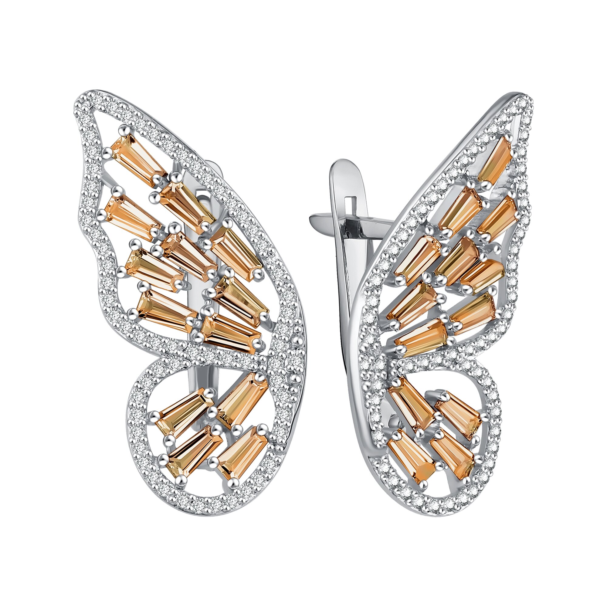 Серьги, серебро, 925 проба, родирование, фианит, кварц