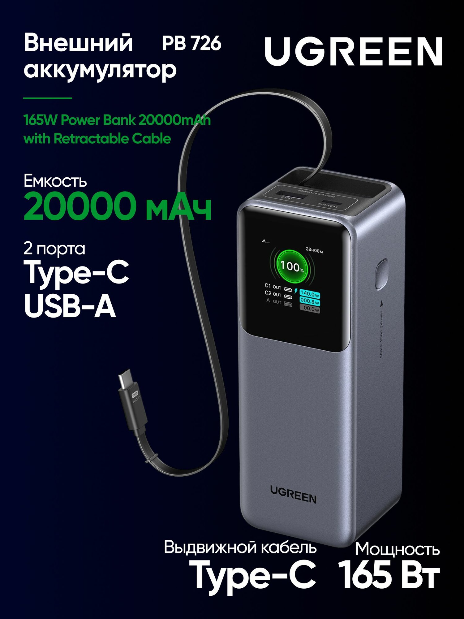 Внешний аккумулятор с выдвижным кабелем UGREEN PB726 (55987B) 165W Power Bank 20000mAh Цвет: серый космос