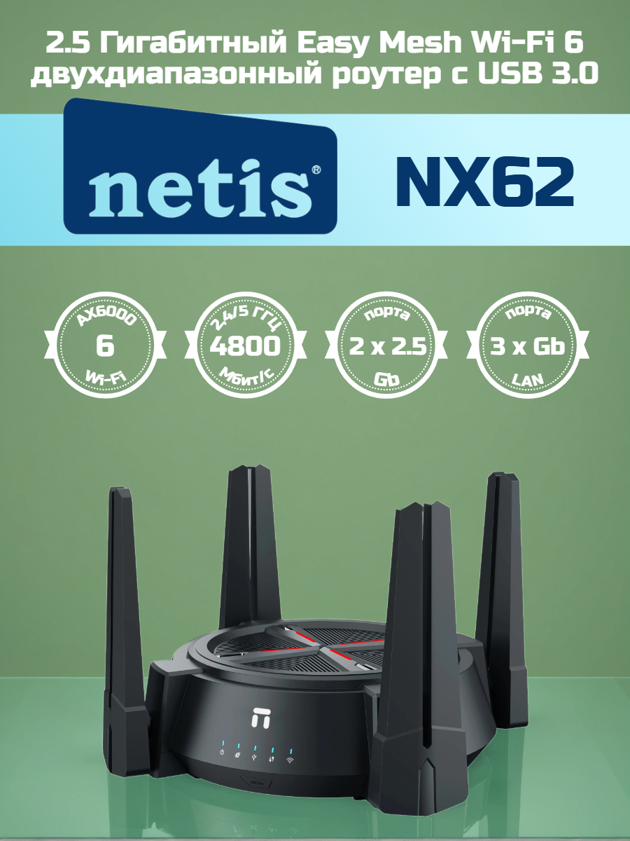 Wi-Fi роутер Netis NX62, Wi-Fi 6, AX6000, 2.4/5ГГц, 4 LAN, черный