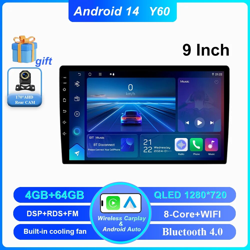 Android 14 CarPlay автомобильный радиоприемник Android Auto GPS мультимедийный плеер 2 DIN универсальный 9/10 дюймов Автомагнитола Wi-Fi плеер QLED Экран BT, 9IN 4-64G CAM