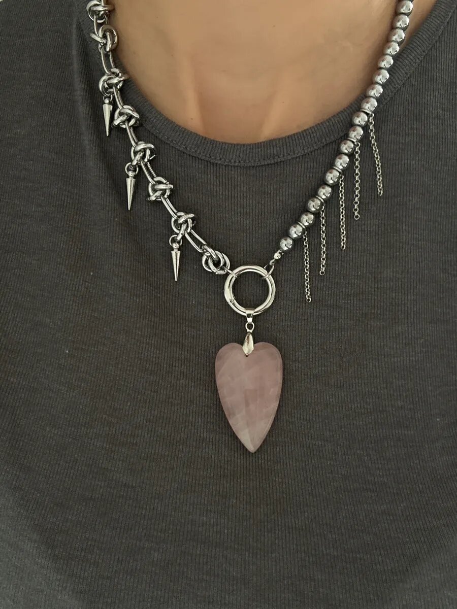 Колье, розовый кварц, гематит