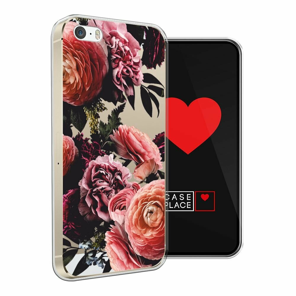 Чехол на Apple iPhone 5/5S/SE / Айфон 5/5S/SE с принтом "Бордовые винтажные цветы", прозрачный — фото 1