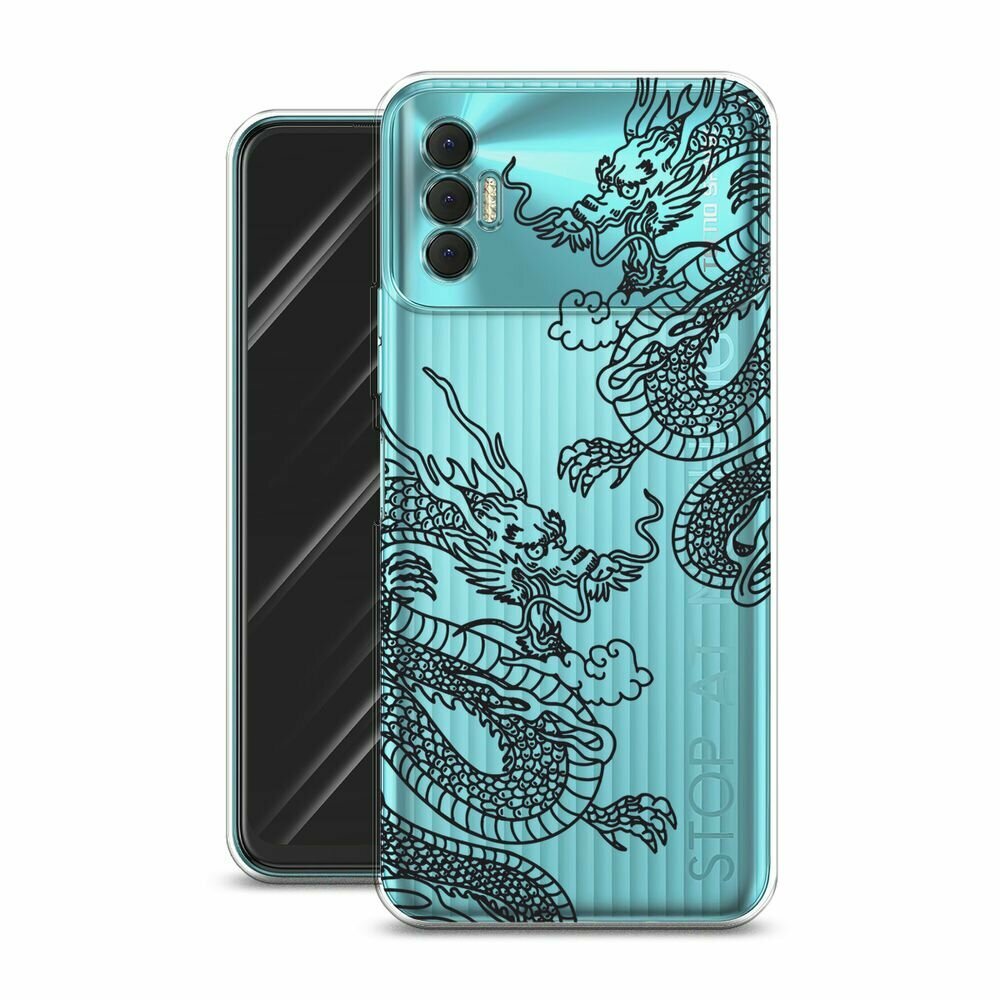 Чехол на Tecno Spark 8P / Техно Спарк 8P с принтом "Два китайских дракона", прозрачный — фото 1