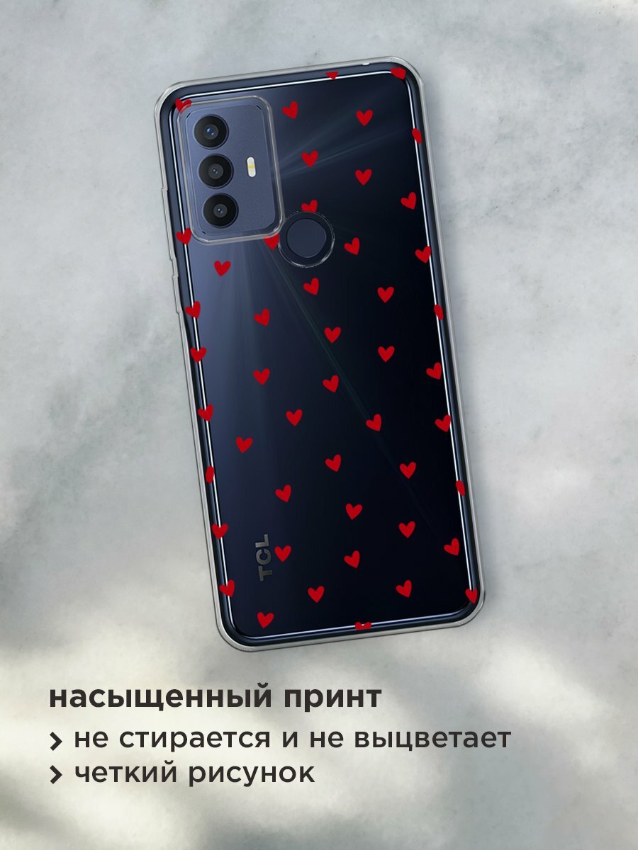 Чехол на TCL 30E/30 SE/305/306 / ТСЛ 30E с принтом "Red hearts", прозрачный — фото 1