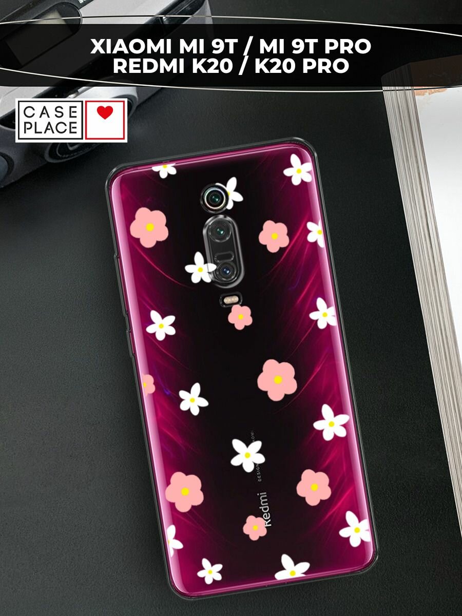 Чехол на Xiaomi Redmi K20/K20 Pro/Mi 9T/9T Pro с принтом "Розовые и белые цветы", прозрачный