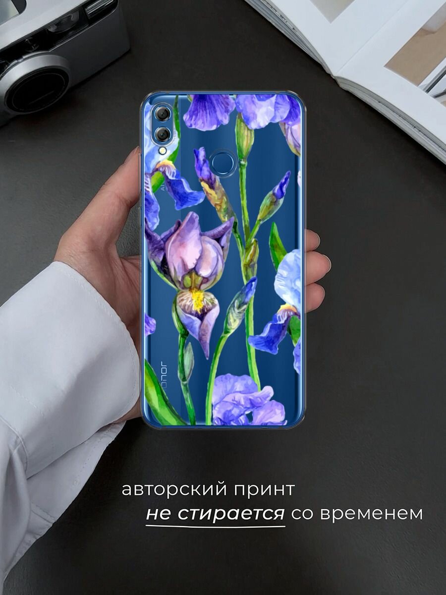 Чехол на Honor 8X / Хонор 8Х с принтом "Синие ирисы", прозрачный — фото 1