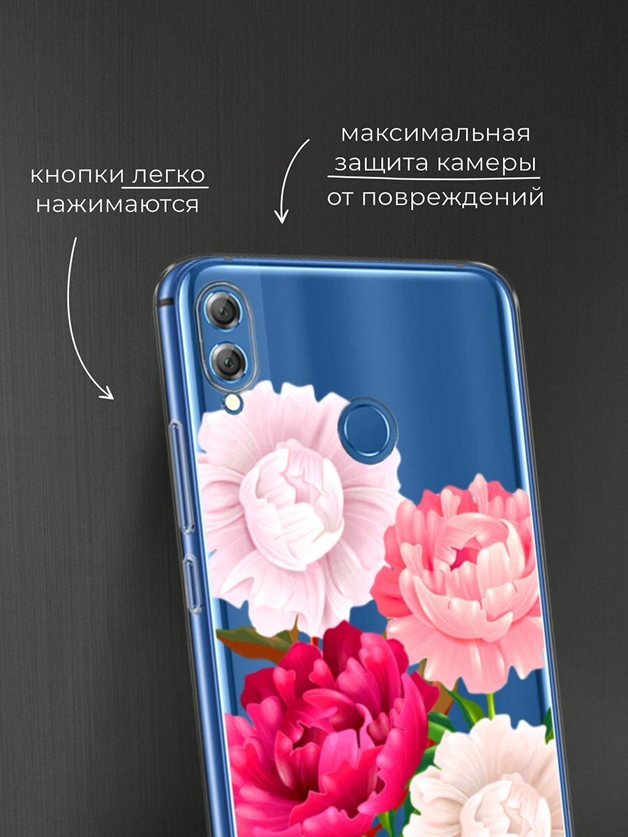 Чехол на Honor 8X / Хонор 8Х с принтом "Большие пионы", прозрачный — фото 1
