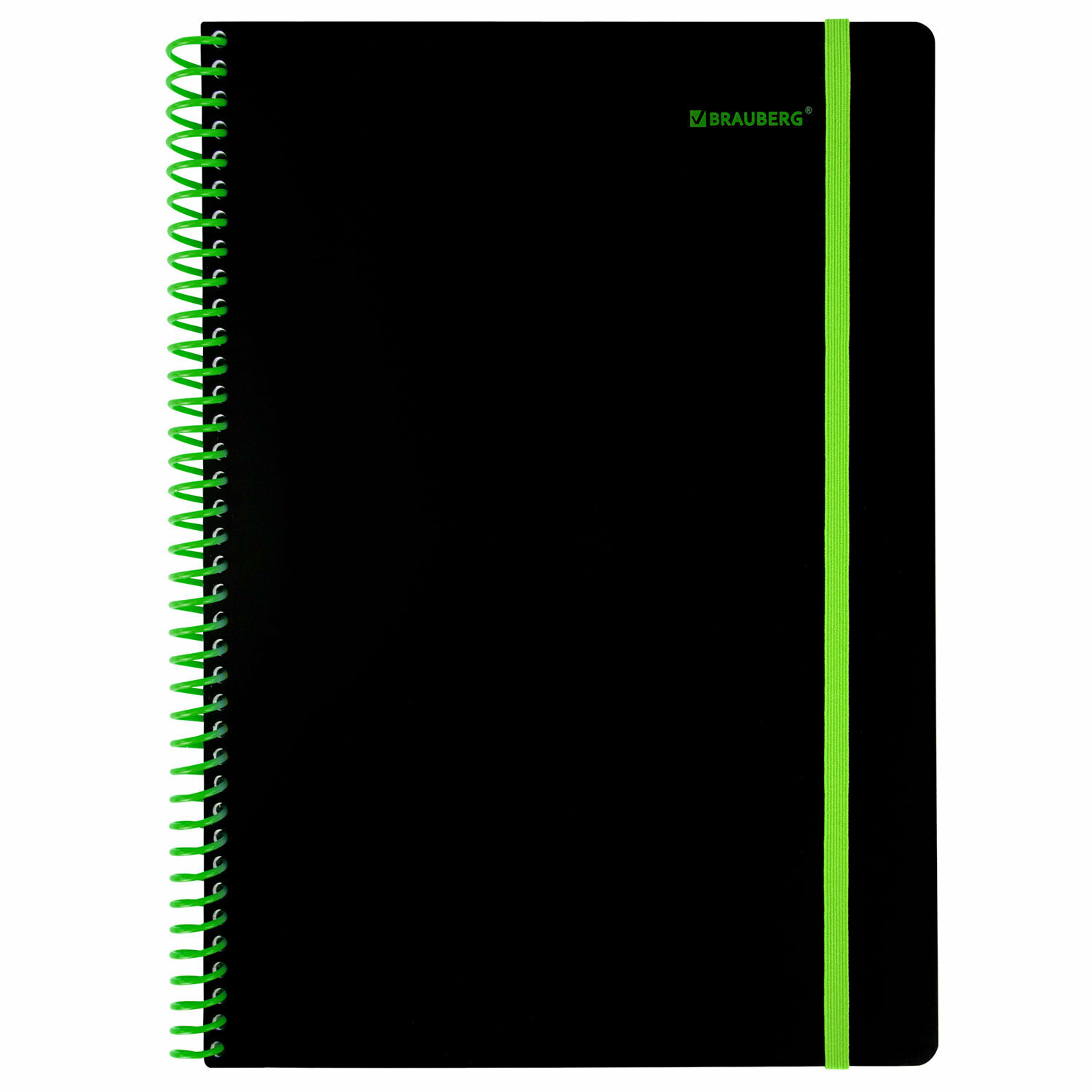 Brauberg Тетрадь А4 80 л спираль пластик, резинка, клетка, черный/зеленый 405383