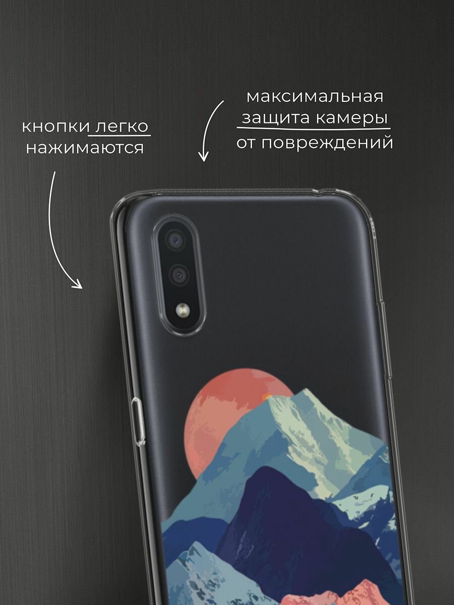 Чехол на Samsung Galaxy A01 / Самсунг Гэлакси А01 с принтом "Закат в снежных горах", прозрачный — фото 1