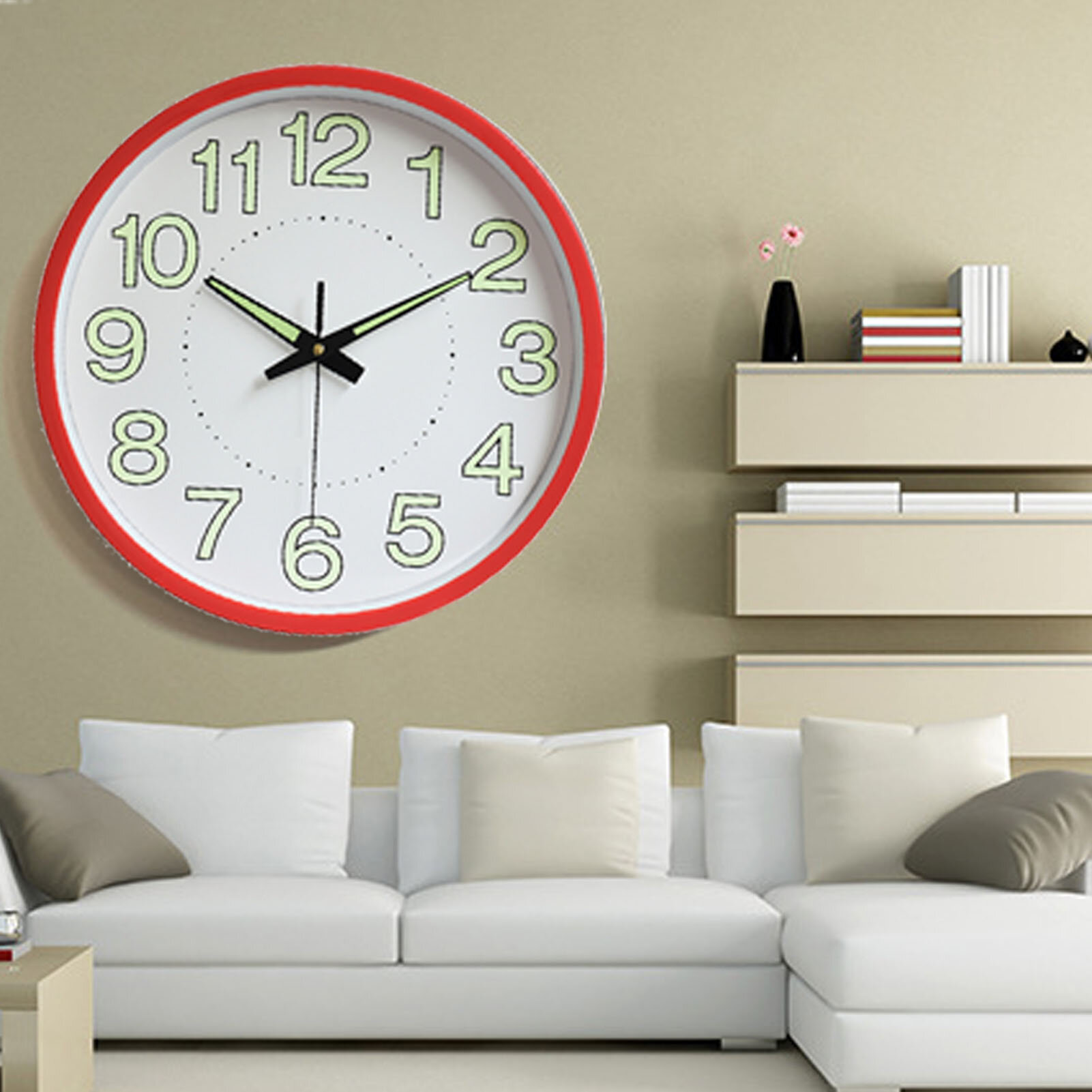 12-дюймовые светящиеся настенные часы, минималистичные круглые кварцевые часы для украшения спальни, гостиной, красные