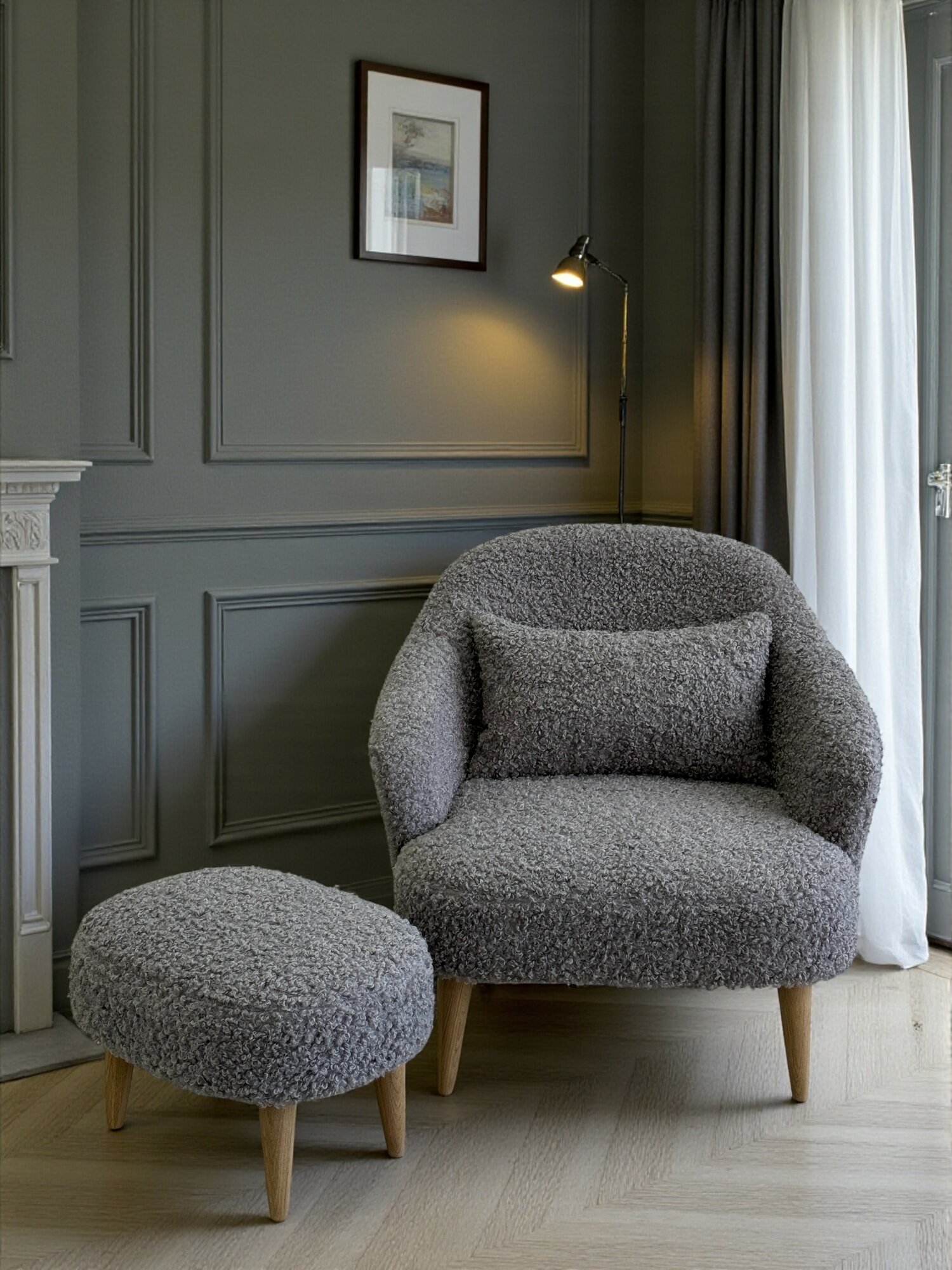 Комплект мягкое кресло Унно + пуф , Серый мех, кресло в гостиную