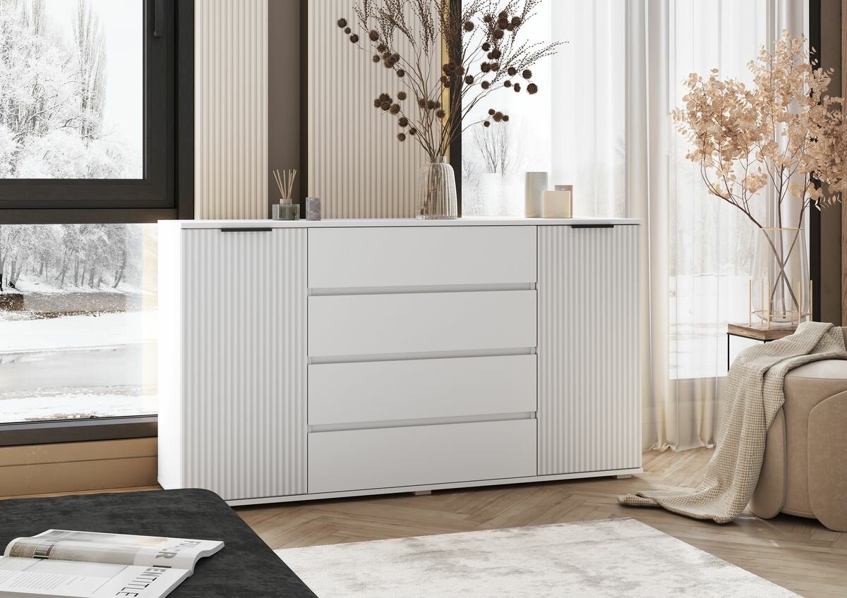 Марвэл Комод 2 двери 4 ящика с полками, в цвете: Браш Вайт, Белый