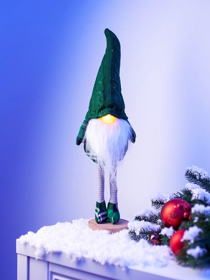 Фигура Гном в зелёном 54 см, текстиль, 1 LED, от батареек AG13 3, свечение тёплое белое