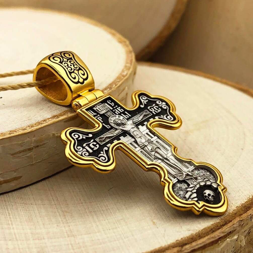 Крестик, серебро, 925 проба, чернение, золочение