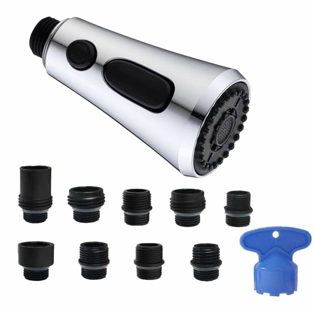 Аксессуары: Замена головки слива выдвижного кран, двухсторонний для горячей и холодной воды кухонный раковина, выдвижной и универсальный. Комплект включает: 1 запчасть для замены душа кухонного крана, 9 различных адаптеров, 1 инструмент-ключ для аэратора.